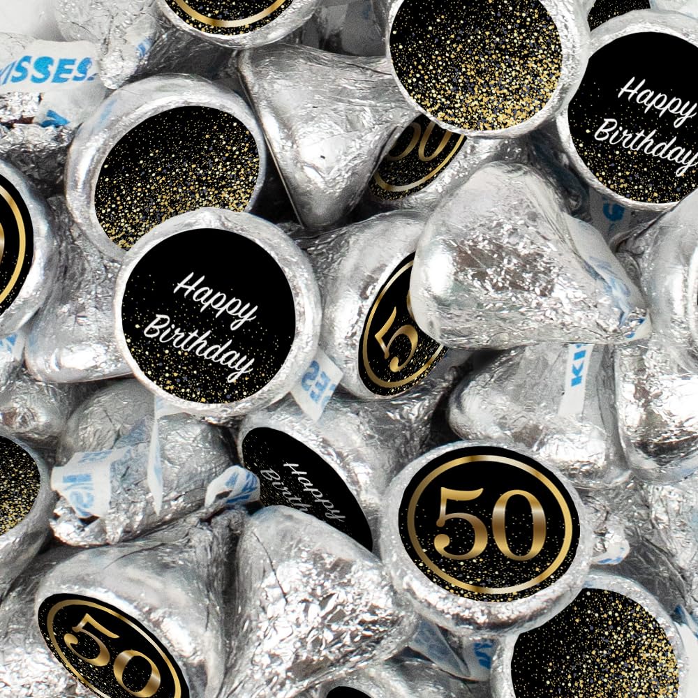 50th Birthday Candy Party Favor Kisses Chocolate 1 lb Just Candy Black Gold Stickers – Nibbleq