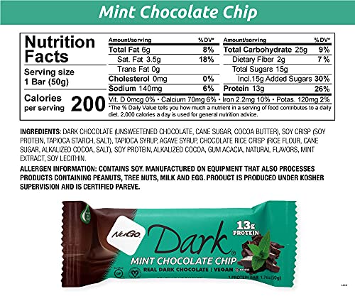 NuGo Dark Mint Chocolate Chip Vegan Protein Bar 12 Count – Gluten Free ...